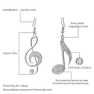 Women Dangle Earrings with Music Note Drop - CZ Clear Crystal Musical Fans Clip on Hook Earring, Rhinestone Fashion Costume Jewelry for Girls…