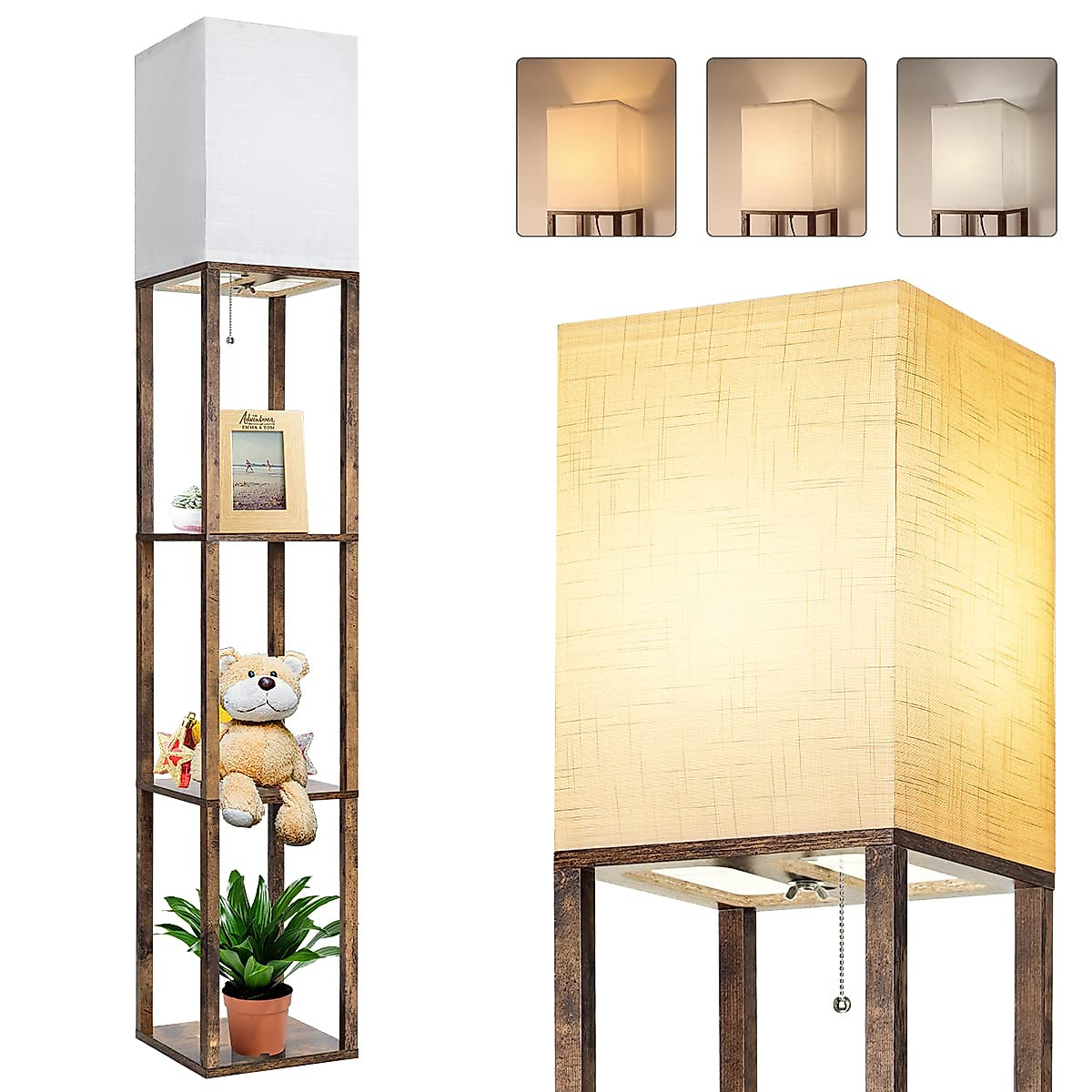 Dott Arts Floor Lamp with Shelves, 3 Color Temperature LED Bulb, Wood Texture, Storage, Brown