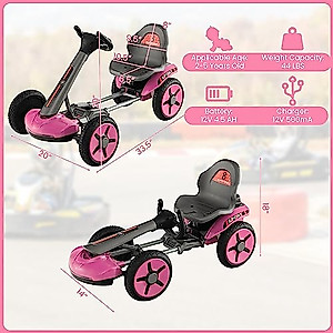 HONEY JOY 12V Go Kart for Kids, 4-Wheel Folding Pedal Go Kart, 2-Position Adjustable Steering Wheel & Seat, Lights, Cup Holder, Slow Start, Electric Go Cart Ride on Car, Gift for Boys Girls (Pink)