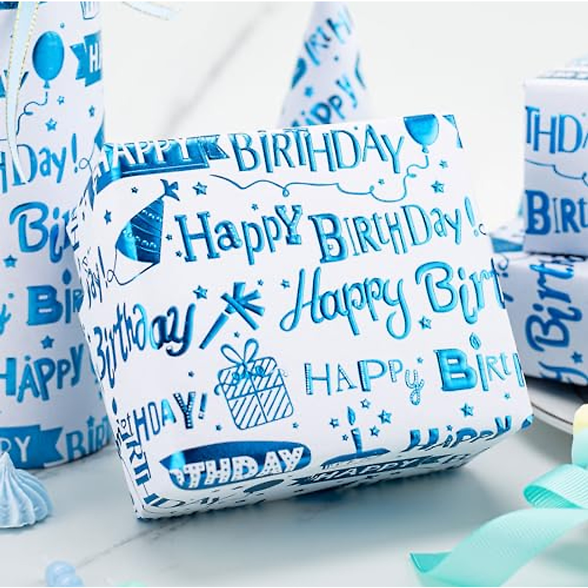 Homeral Jumbo Wrapping Paper Roll-37.66sqft(27.6 x 197inch) Blue Foil Birthday Design