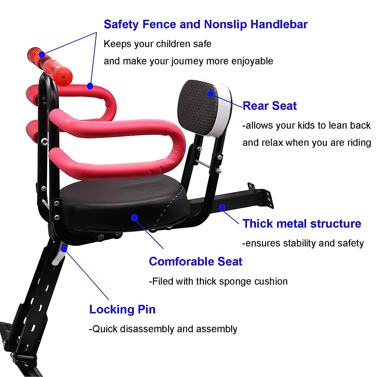 Together-life Foldable Front Mounted Children Bike Seats, Portable Baby Kids' Bicycle Carrier with Guardrail Handrail and Pedal for Mountain Bikes, Hybrid Bikes, Fitness Bikes