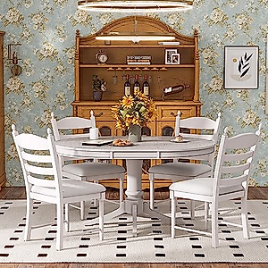 ERYE 5 Pieces Functional Furniture, Retro Style Set Round Extendable Table and 4 Upholstered Chairs for Dining Room & Kitchen Living Space, Brown, Antique White