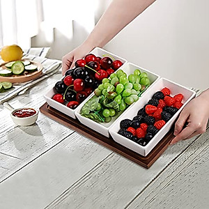 Elsjoy Set of 3 Ceramic Serving Bowls with Wooden Tray, Snack Serving Tray Divided Serving Platter for Appetizer, Fruits, Bread
