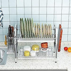 1Easylife Dish Drying Rack, 2 Tier Dish Rack Stainless Steel with Utensil Knife Holder and Cutting Board Holder Dish Drainer with Removable Drain Board for Kitchen Counter Organizer Storage (Silver)