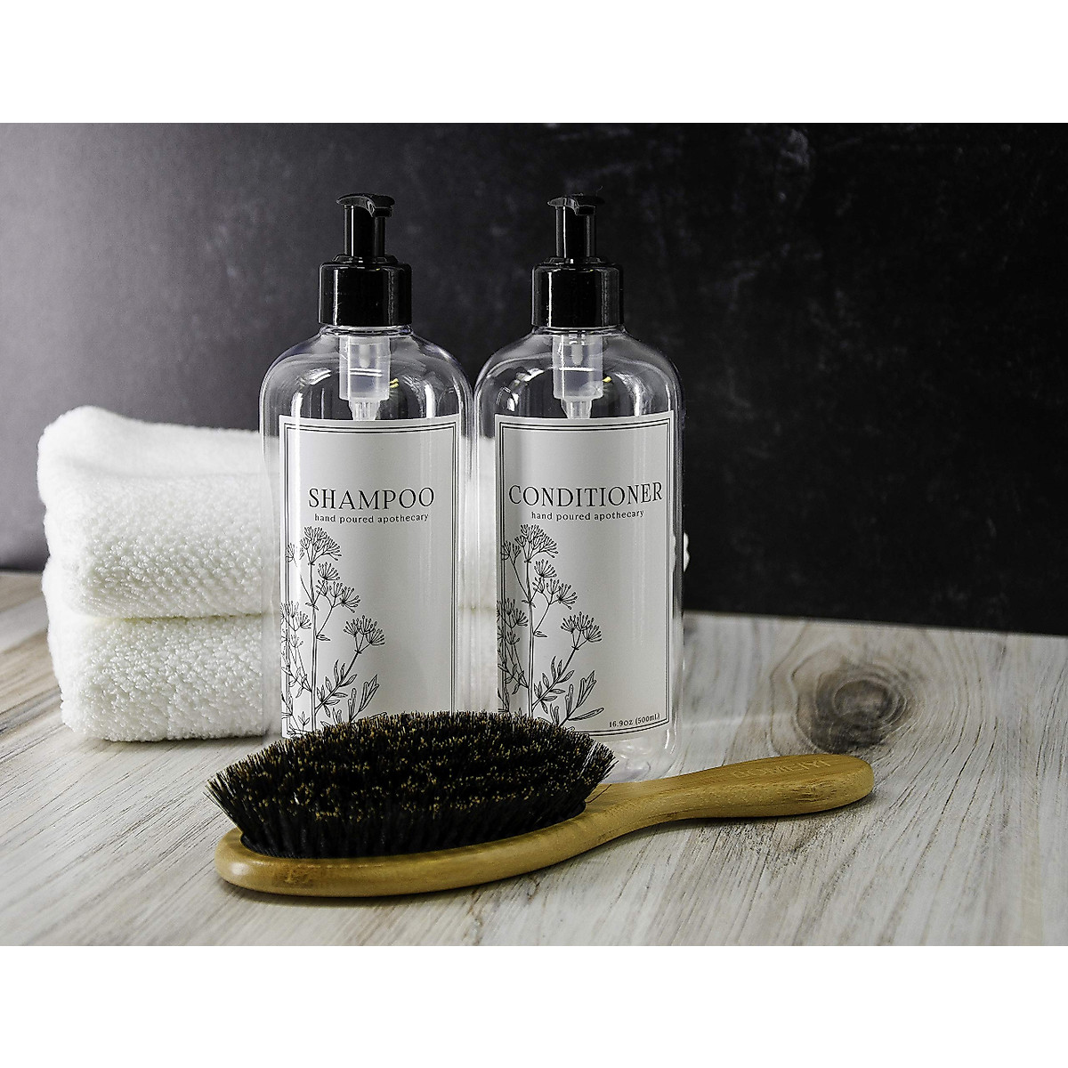 Modern Refillable Shampoo and Conditioner Dispensers by AylaMae | 500ml / 16.9oz PET Plastic Bottles (Clear with Printed Labels)