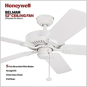Honeywell Ceiling Fans Belmar, 52 Inch Traditional Indoor Outdoor LED Ceiling Fan with No Light, Pull Chain, Three Mounting Options, ETL Wet Rated, Reversible Motor - 50198-01 (White)