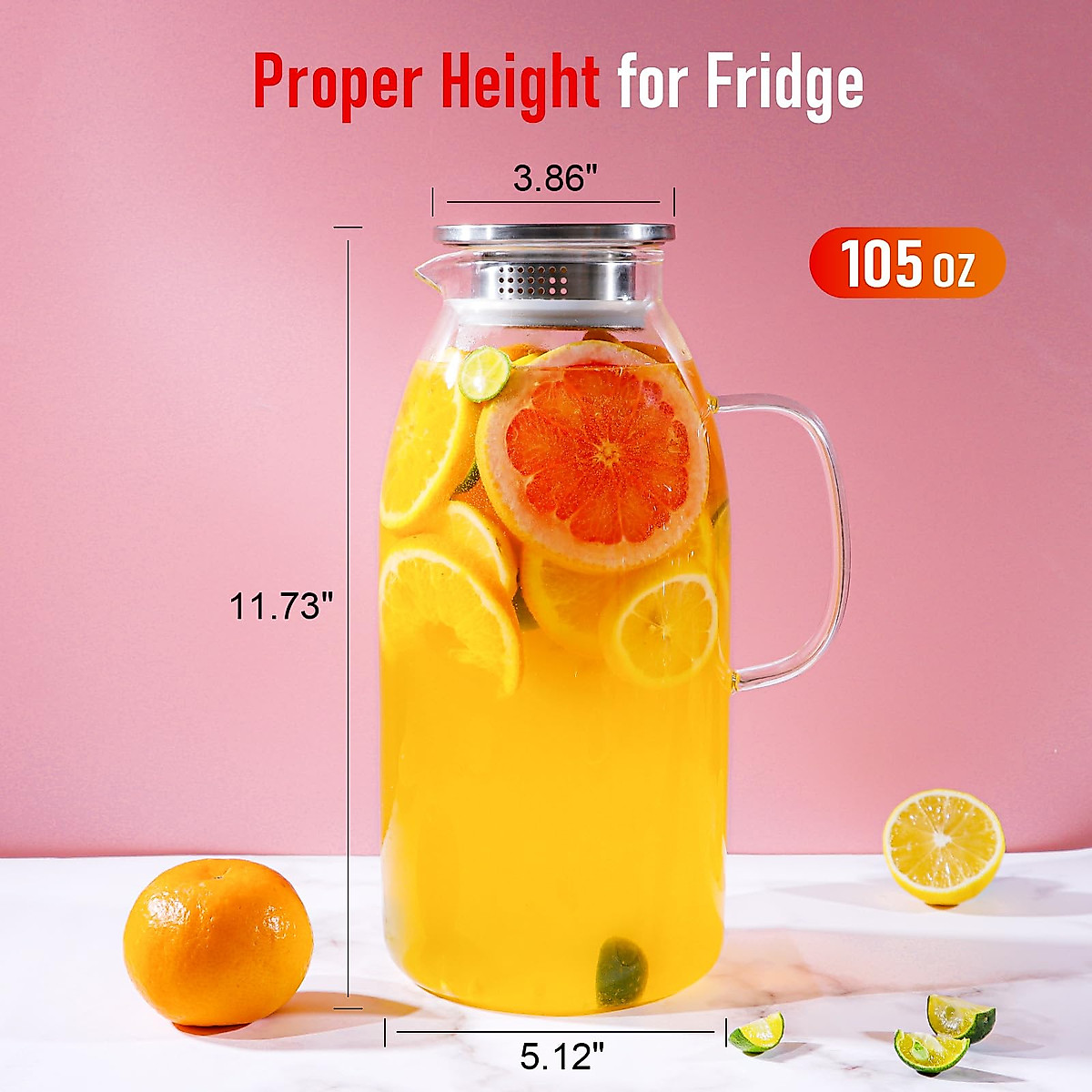 Glass Pitcher, veecom 105 Oz Large Pitcher with Lid, Glass Water Pitcher with Handle and Lid, Drink Pitcher with Lid for Parties, Iced Tea Pitcher for Fridge, Lemonade Juice Jugs/Pitchers for Drinks