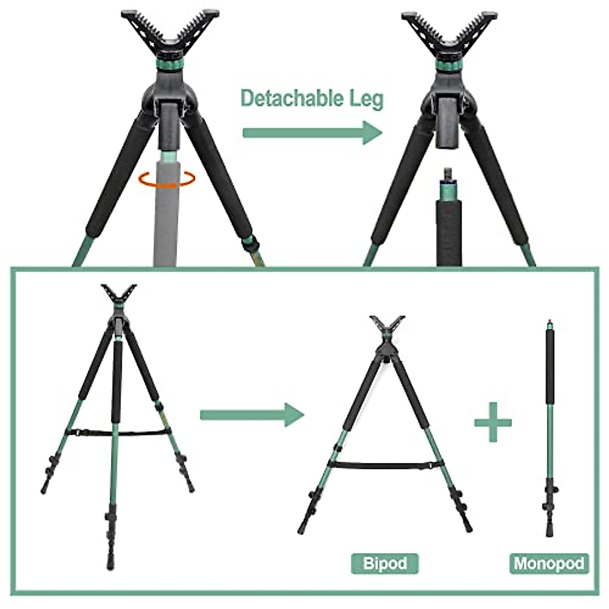 HUNTPAL Aluminum Hunting Shooting Stick Rifle Tripod Gun Rest with Removable 360° Horizontal Rotation 90° Swing Leg, Adjustable Telescope Monopod Bipod with V Yoke Head & Interchangeable Spike Feet