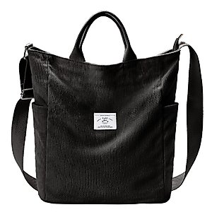 KALIDI Corduroy Tote Bag, Large Messenger Bag Shoulder Hobo Anti Splash Crossbody Zipper Bag Casual Work Shopping Women
