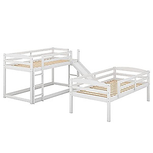 KoiHome Twin Over Twin Over Twin Adjustable Triple Bunk Bed with Slide & Two Ladders, Full-Length Guardrail & Solid Slat Support, Space-Saving for Kids Teens Bedroom, No Box Spring Needed, White