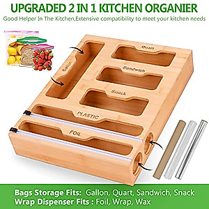 TOOVREN Ziplock Bag Storage Organizer and Wrap Dispenser with Cutter and Labels, 2 in 1 Bamboo Kitchen Drawer Organizer, Foil and Plastic Wrap Organizer, Plastic Baggie Organizer Food Bag Organizer