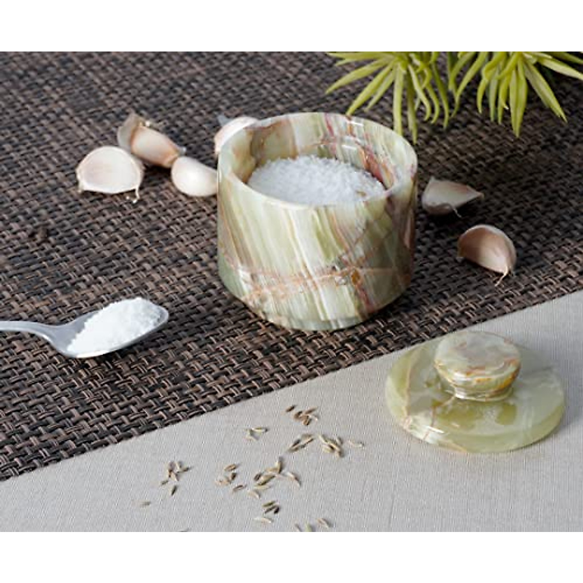 MARBLOUS KRAFTS stylish marble sugar dispenser 3.5 oz salt cellar, salt container and marble décor 3" X 3" Kitchen décor and Salt Pepper Bowls salt dispenser (Green Onyx)