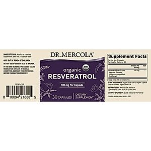 Dr. Mercola Organic Resveratrol Dietary Supplement, 100mg per Capsule, 30 Servings (30 Capsules), Non GMO, Gluten Free, Soy Free, USDA Organic