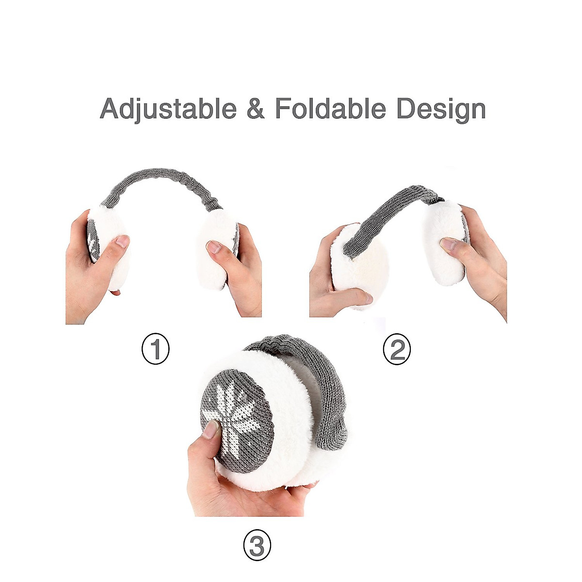 Sudawave Women's Winter Adjustable Knitted Ear Muffs With Faux Furry Outdoor Ear warmers (White Gray Snowflake)