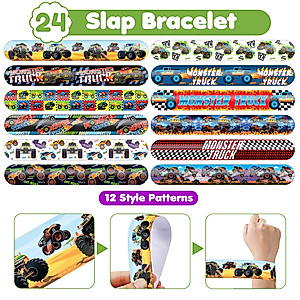 48PCS Monster Truck Party Favors - 24 Tattoos & 24 Slap Bracelets, Perfect for Big Car-Themed Birthdays, School Rewards, and Classroom Prizes for Boys & Girls