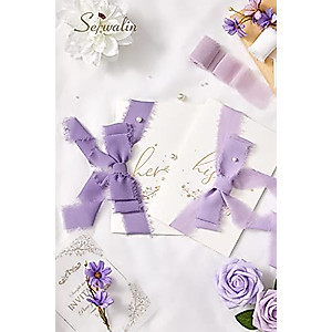 Serwalin 4 Rolls Chiffon Silk Ribbon 1.5" x 7Yd Gauze Frayed Edges Purple Handmade Fringe Ribbons Set for Wedding Invitations, Bridal Bouquets, Gifts Wrapping, DIY Crafts (4 Rolls 28 Yards)