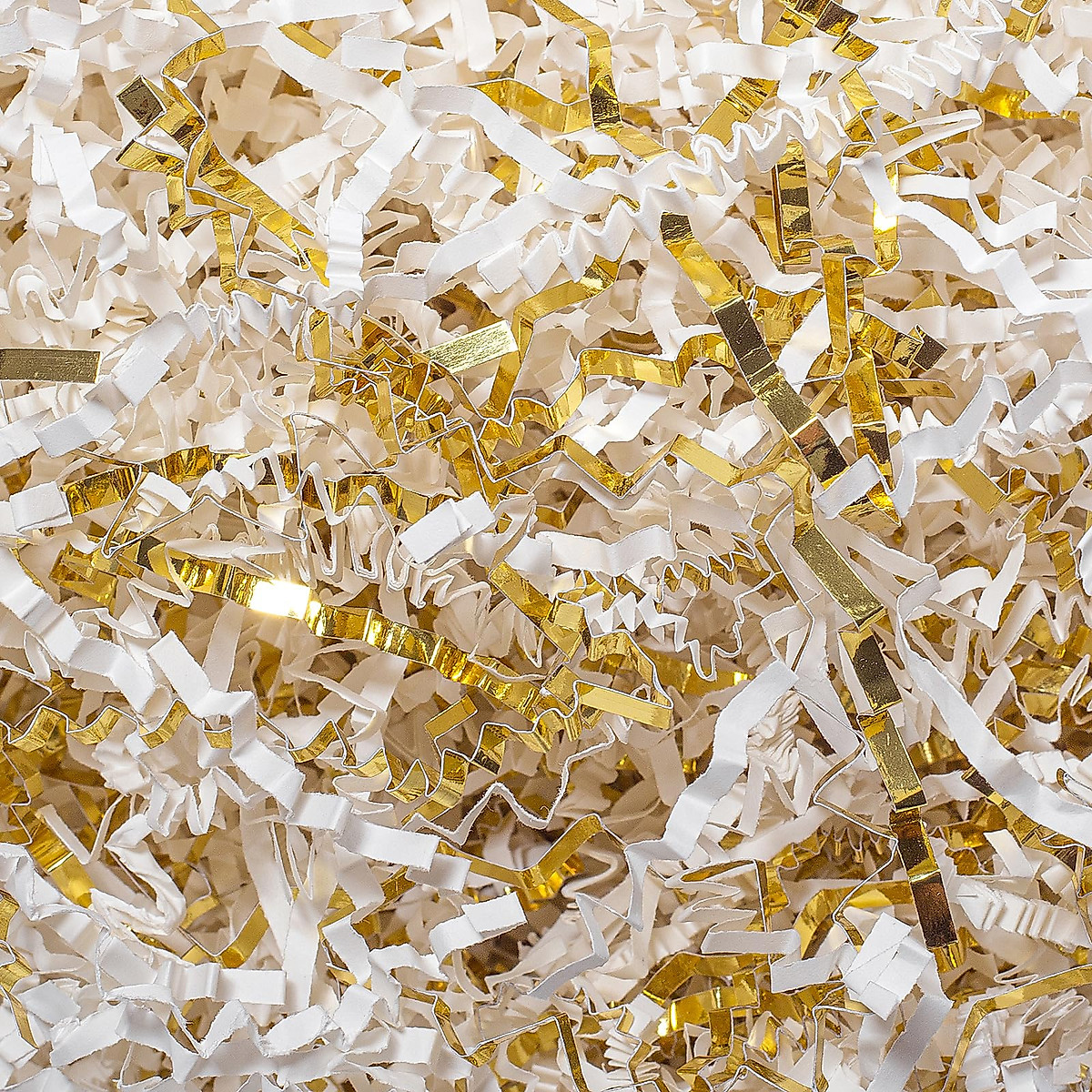 Mcfleet 1 LB Crinkle Cut Paper Shred Filler White & Gold Crinkle Paper Shredded Paper for Gift Box - Gift Basket Filler - Gift Box Stuffing for Christmas, Halloween Packaging Wrapping