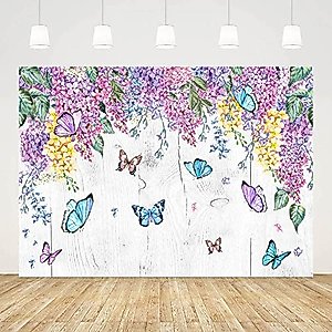 ABLIN 7x5ft Spring Butterfly Photography Backdrop for Birthday Baby Shower Party Decorations Purple Flowers Wood Background Wedding Photo Backdrop Shoot Props (CQ236)