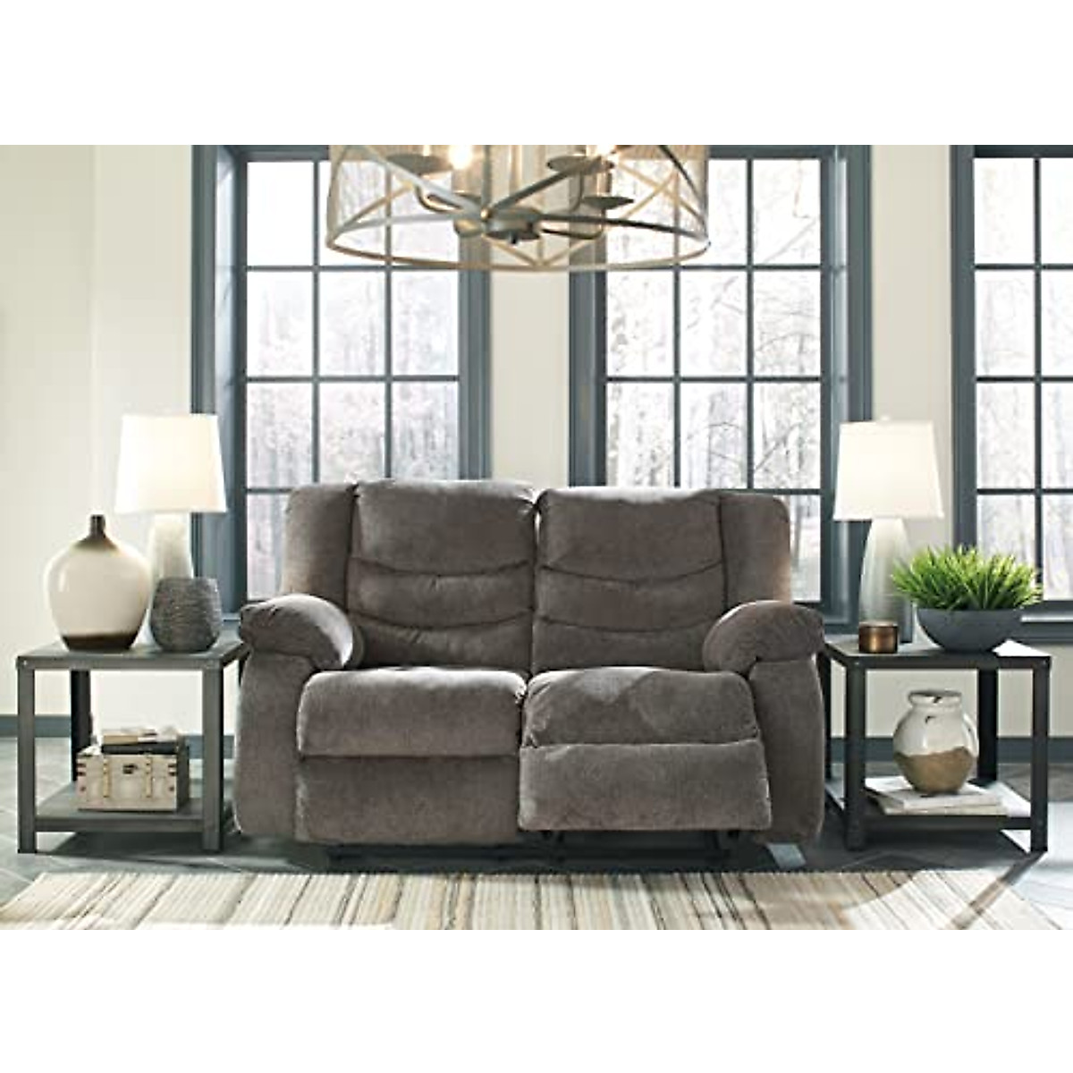 Signature Design by Ashley Tulen Modern Manual Pull Tab Reclining Loveseat, Dark Gray