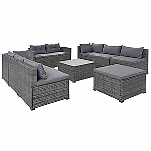 Cotoala 9-Piece Outdoor Patio Large Wicker Sofa Set, PE Rattan Conversation Sectional Couch with Ottoman and Glass Coffee Table for Garden, Backyard, Porch and Poolside, Grey
