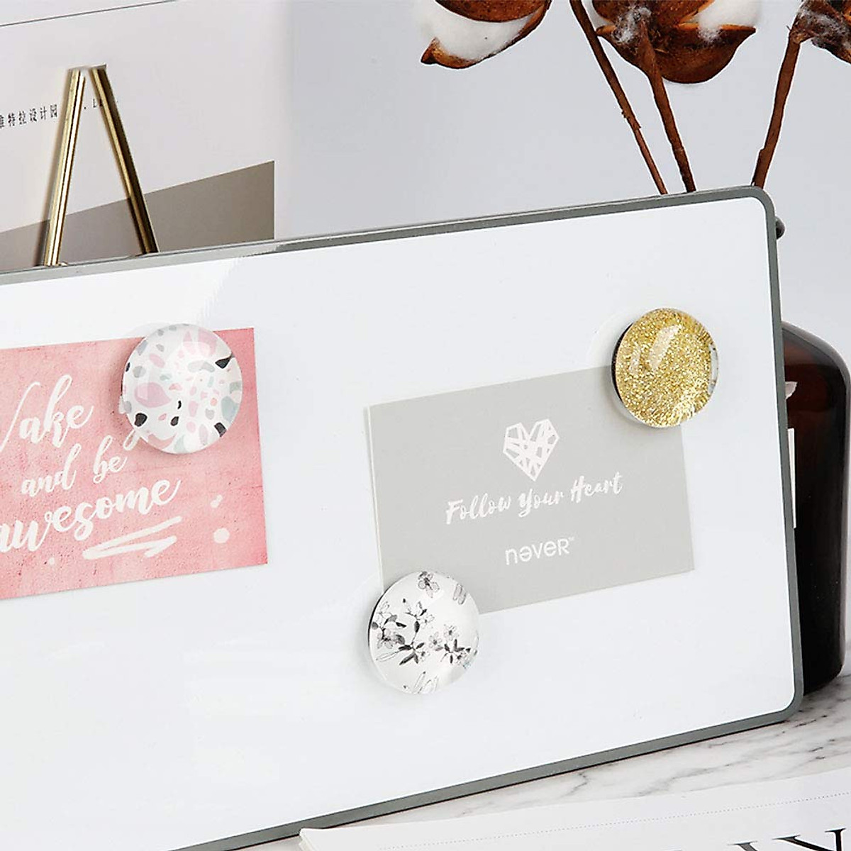 Buqoo Strong Magnets for Refrigerator Round Glass Megnetic Stickers with Inspirational Quotes 6-Count Cute Decorative Magnets for Whiteboard (Light Pink)