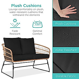 Best Choice Products 4-Piece Outdoor Rope Wicker Patio Conversation Set, Modern Contemporary Furniture for Backyard, Balcony, Porch w/Loveseat, Plush Cushions, Coffee Table, Steel Frame - Black