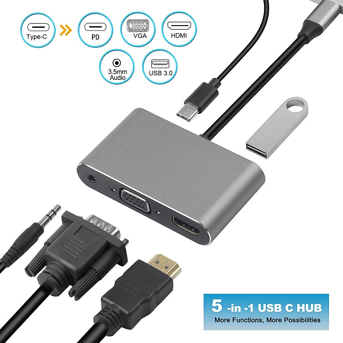 USB C Hub Type C 5 in 1 Hub to 4K HDMI, VGA, 1USB3.0Ports, with PD Charge