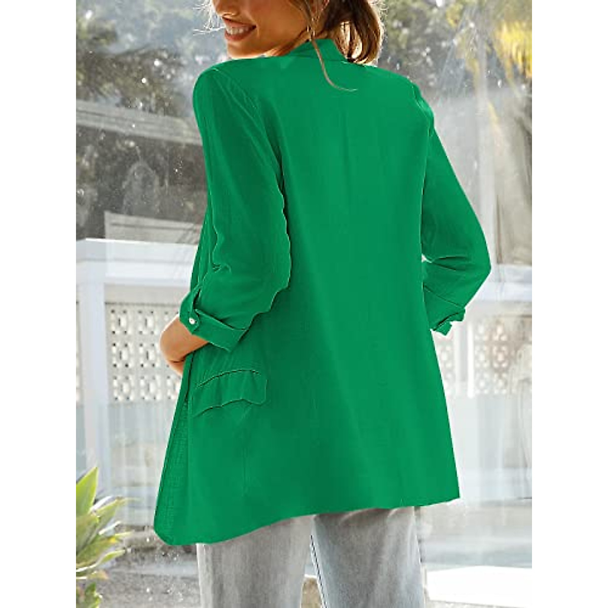 ANRABESS Womens 2023 Spring Summer Casual Open Front Long Sleeve Lightweight Work Office Jackets Blazer Suit 559lvse-L Green