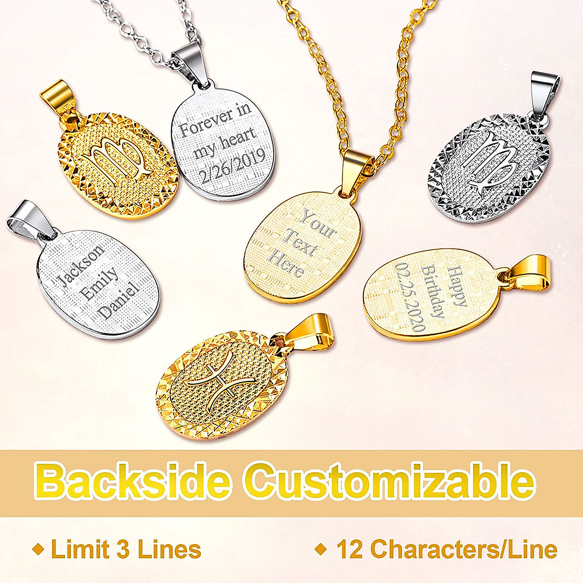 FOCALOOK Custom Aries Gold Necklace for Women Oval Shaped Carved Medallion Constellation Zodiac Sign Jewelry 20-22"