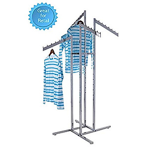 Only Garment Racks - Heavy Duty Chrome 4 Way Rectangular Arm Clothing Rack, Adjustable Height Waterfall Arm Garment Rack, Perfect for Retail Clothing Store Display - Rectangular Tubing Slant Arms