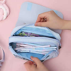 Moovul Blue Cherry Blossom Pencil Case Cute PU Leather Pencil Pouch Stationery Pencil Bag for Teens Girls Boys