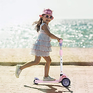 Wheelive 2 in 1 Kick Scooter with Removable Seat, 3 LED Wheels Kick Scooter for Kids, 4 Adjustable Height & Foldable Design Toddler Scooters Sit or Stand Ride for Boys & Girls 2-8 Years Old (Pink）