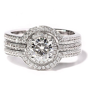 WSX Gold 1ct Moissanite Bridal Rings Sets for Women Her Bright Halo Wedding ring Simulated Diamond Engagement Ring Trio Set