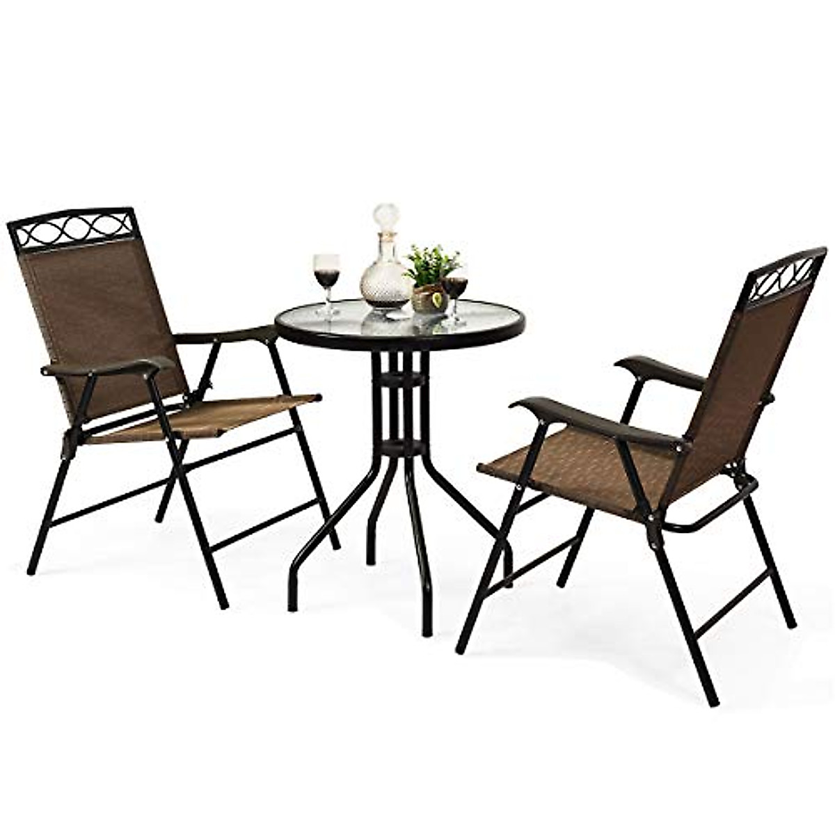 S AFSTAR 3-Piece Bistro Set, Patio Dining Furniture Set, Round Textured Glass Tabletop w/Umbrella Hole, Outdoor Conversation Set for Backyard Garden Poolside