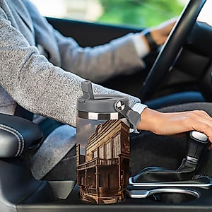 BWQJKUO Large Capacity Car Cup 30 Oz Stainless Steel Old Wild West Cowboy Town Printed Travel Mug Leak-proof Flip Straw Tumbler with Handle,keeps Cold Or Ho