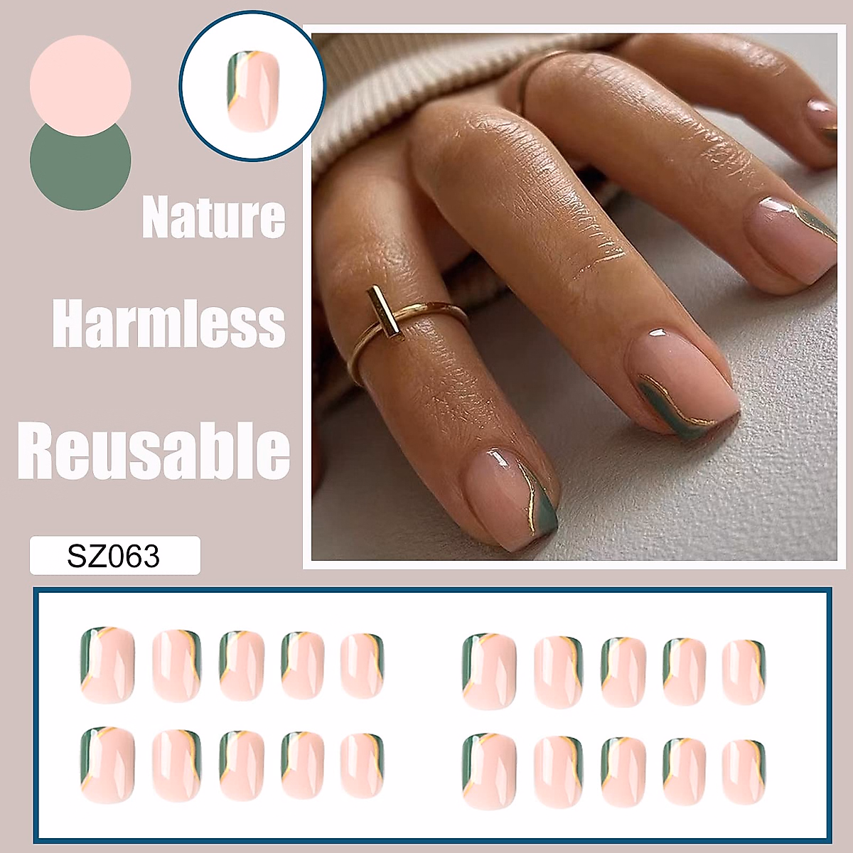 QINGGE Pink Press on Nails Short Length Square Fake Nails with Green Gold Stripe Design Fashion Stick on Nails Glue on Nails Glossy Acrylic Nails False Nails for Women 24Pcs