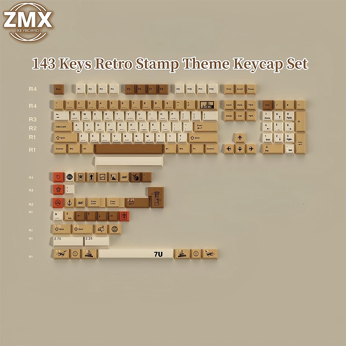 ZMX PBT Retro Keycaps,Cherry Profile Thick Dye-Sub Keycaps Set Full 143 Keys Custom Keycap for ISO ANSI 60% 65% 100% TKL Cherry MX Switches Mechanical Gaming Keyboard Vintage Beige Keycaps
