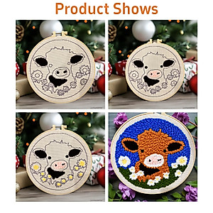 DIY Punch Needle Kits for Beginners Cute Cartoon Highland Cow with Daisy Flower with Hoop Embroidery Punch Needle Starter Craft Set Easy for Adults and Children Festival Gift and Decoration 20x20cm-1