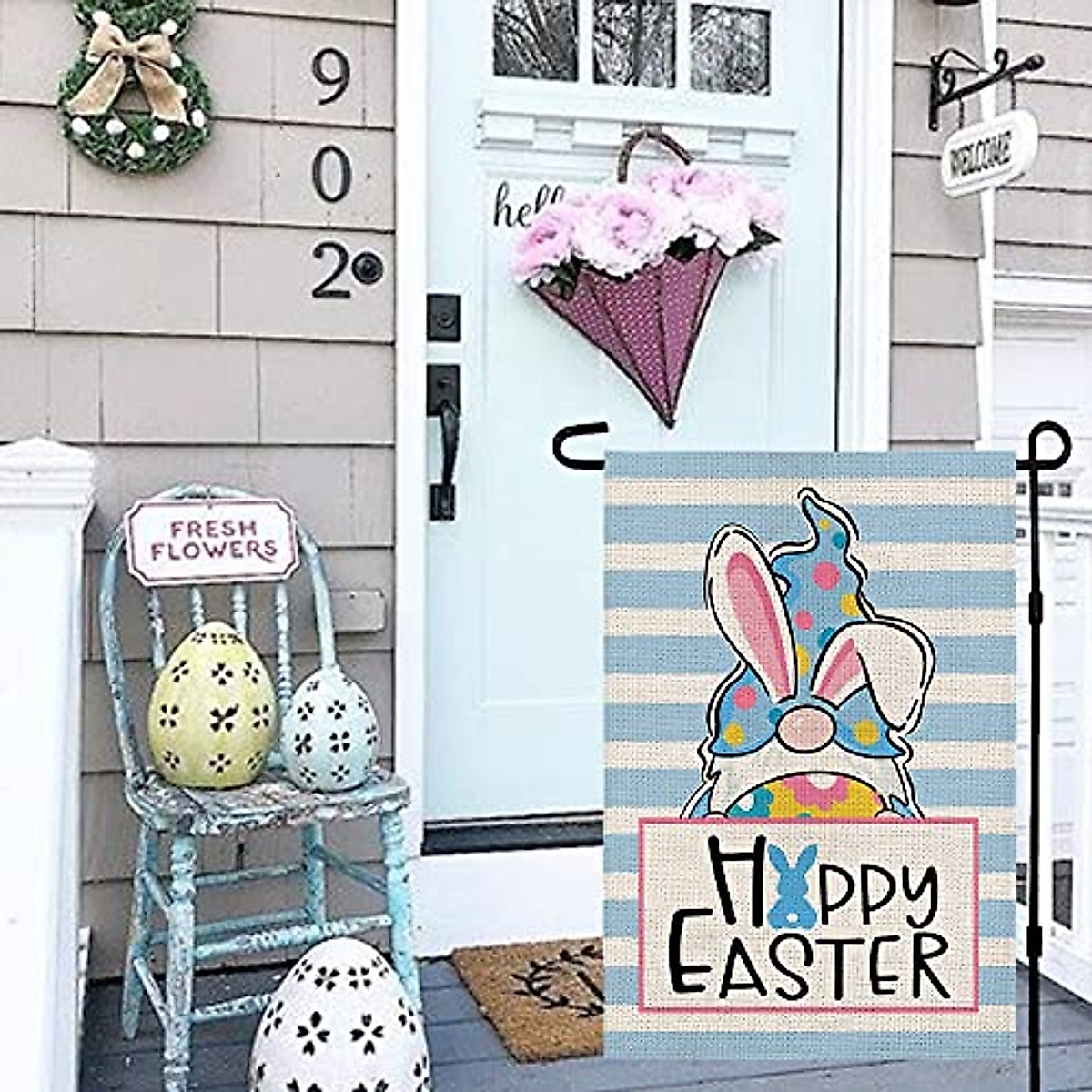 Happy Easter Gnome Garden Flag Double Sided Vertical Burlap 12×18 Inch Holiday Stripes Banners, Spring Rustic Farmhouse Yard Outdoor Decoration DF025