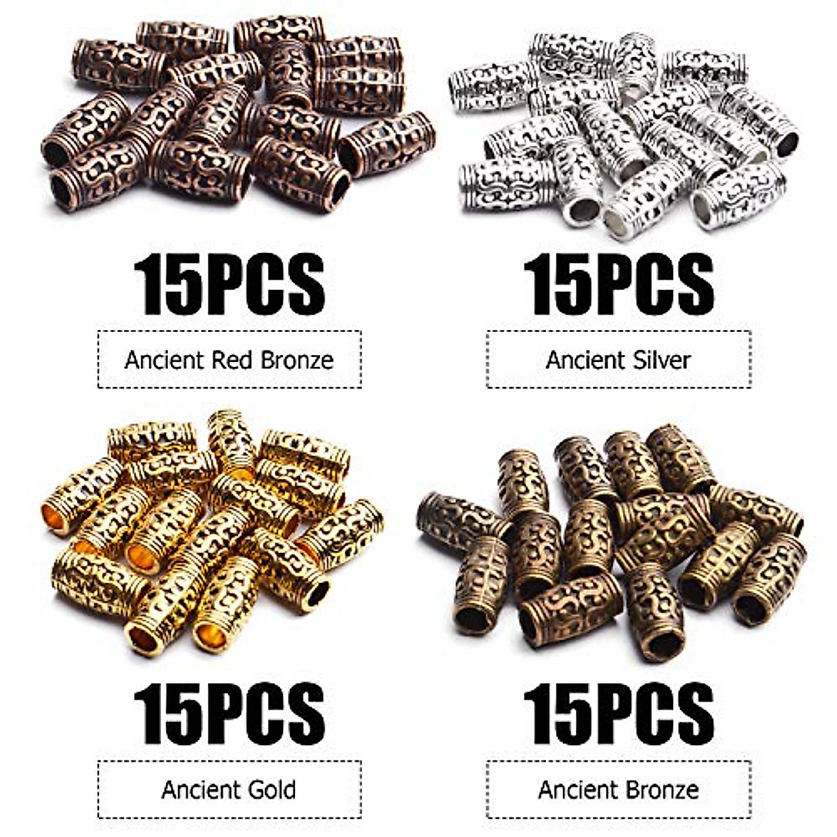 Tube Spacer Beads, 60pcs Tibetan Column Spacer Beads Antique Alloy Tube Loose Beads Jewelry Spacers for Bracelet Necklace Jewelry Making, 4 Colors, 12x6mm