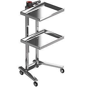 Multifunctional 2-Tray Utility Cart on Wheels - Stainless Steel 2-Level Medical Trolley Cart - Mobile Storage Tray Cart for Dental Tools, Cavitation Machine, Salon Supplies - Foldable Storage Trays