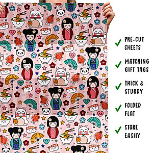 CENTRAL 23 Girls Wrapping Paper Birthday - 6 Sheets of Pink Gift Wrap - Cute Japanese Character - For Women Friends Her - Sushi Ramen - Comes with Fun Stickers