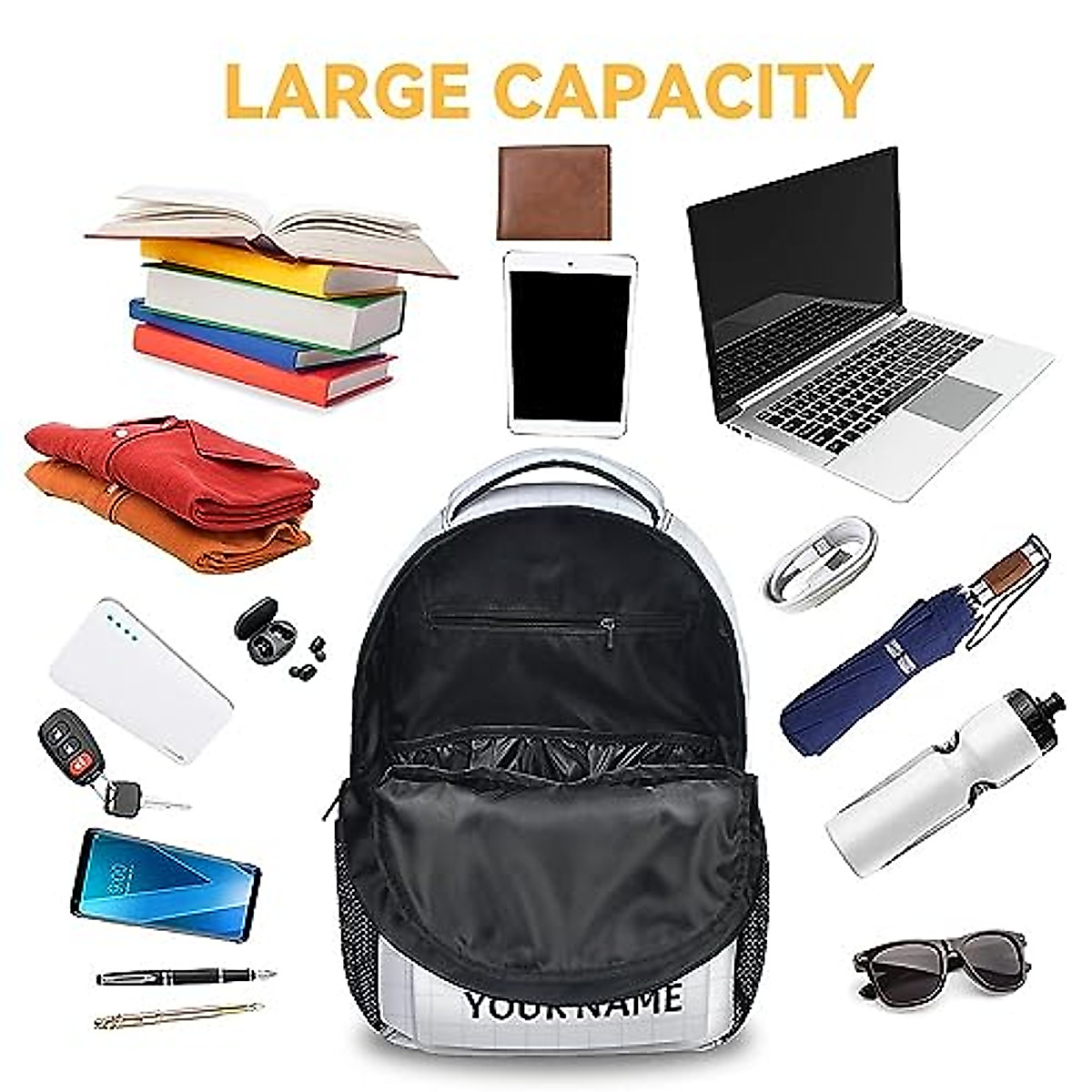 FUZZYFIT Personalized Panda Backpacks for Girls, 16 Inch Cute Print Backpack for School, White Lightweight Bookbag for Travel