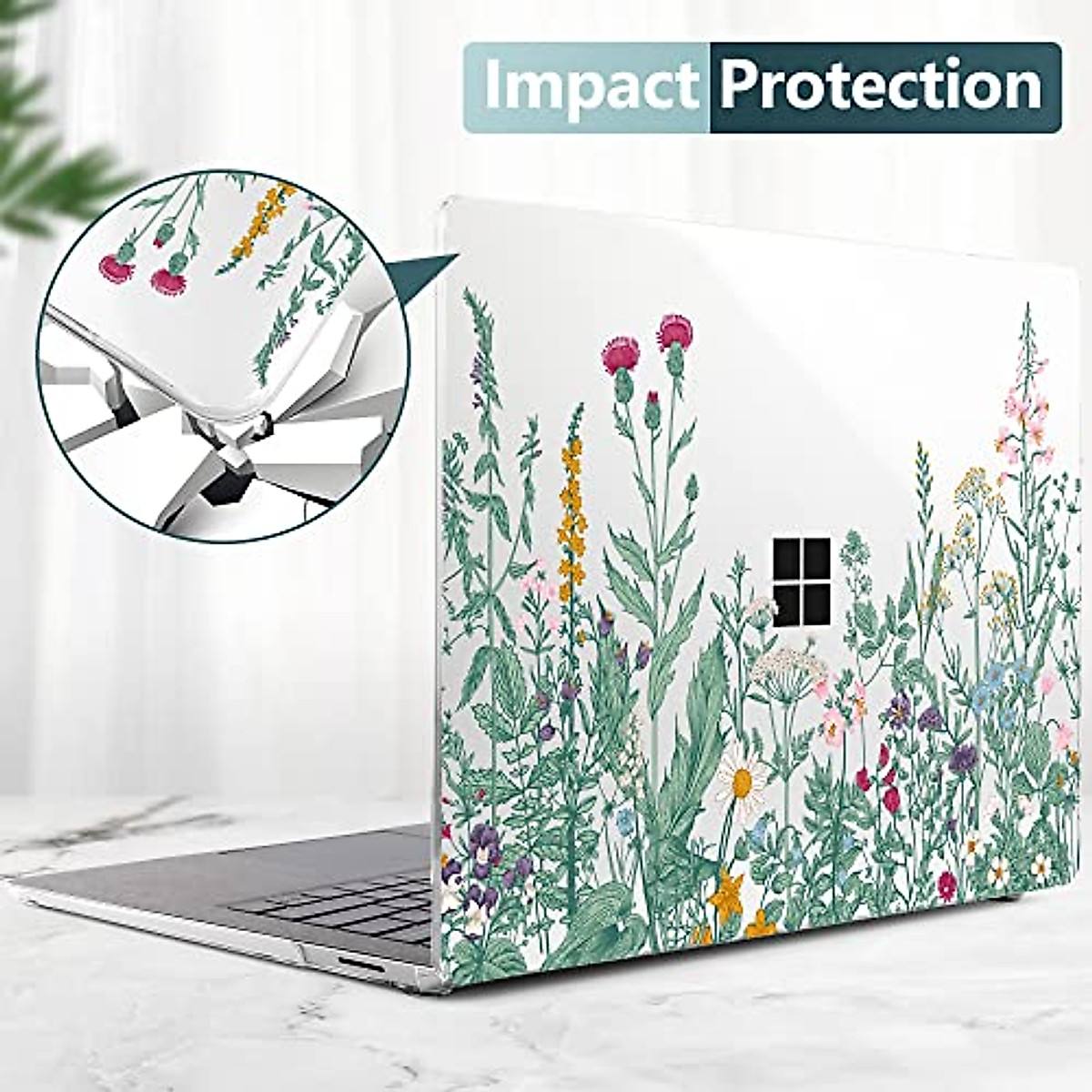 TWOLSKOO Case for 13.5" Microsoft Surface Laptop 5/4/3 with Alcantara Palm Rest Model 1958/1950, Plastic Hard Shell Case with Screen Protector + Keyboard Cover + Dust Plug, Botanical Illustration