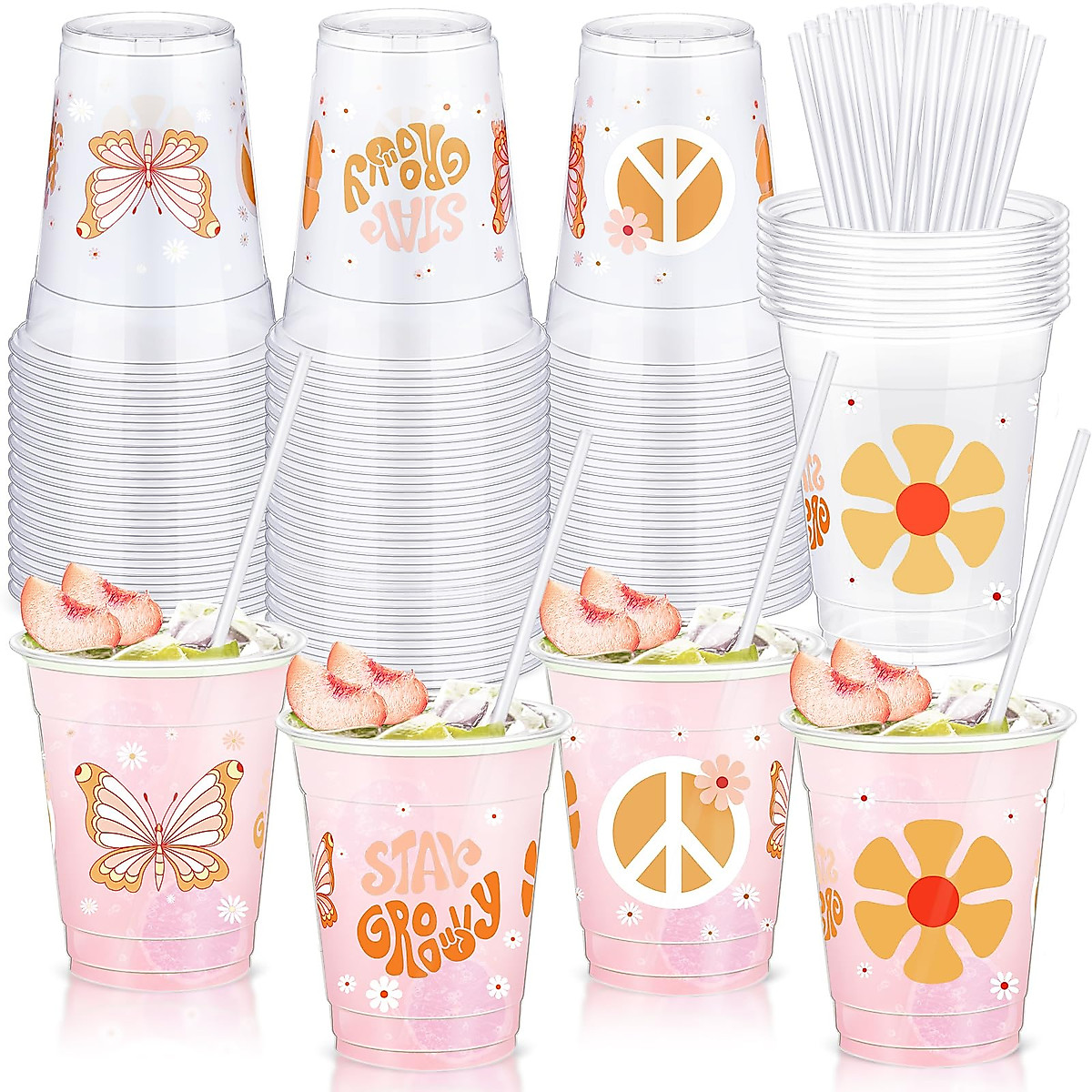 Sliner 50 Pcs Groovy Party Plastic Cups with Straws 12 oz Boho Retro Hippie Disposable Clear Cups Daisy Flower Cold Beverage Drinking Cups for Birthday Wedding Baby Shower Party Decoration Supplies