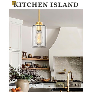 Audickic Brass Pendant Lights Kitchen Island 2 Pack, Farmhouse Gold Pendant Lighting with Clear Glass Shade, Mini Hanging Light Fixture for Kitchen Sink Dining, AD-22281-1P2-GD-C