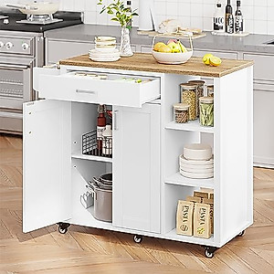 YITAHOME Kitchen Island with Storage Shelf, Rolling Kitchen Island on Wheels with Drawer Open Shelves & Spice Rack Towel Rack Wine Rack, Kitchen Cart with Two Doors for Kitchen, Dining Room, White