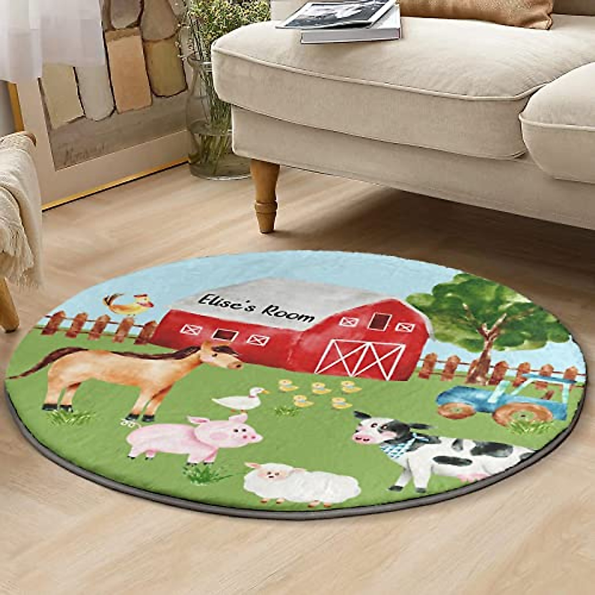 Farm House Animals Personalized Round Rug Fluffy Soft Mat for Bedroom Girls Boys Room, Custom Indoor Area Circular Floor Mat Chair Couch Plush Shaggy Carpet Home Decor 47.2x47.2 in