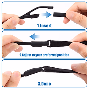 Adjustable Glasses Straps - 3 Pcs No Tail Adjustable Eyewear Retainer Glasse Strap for Men's Glasses Straps, Kids' Glasses Straps, Women's Glasses Straps, Sunglasses Straps, Black(7.5-13.5 inch)