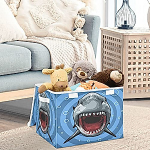 CaTaKu Sea White Shark Storage Bins with Lids and Handles, Fabric Large Storage Container Cube Basket with Lid Decorative Storage Boxes for Organizing Clothes